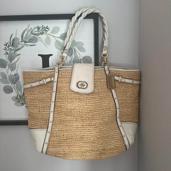 Coach | Bags | Coach Straw Woven And Leather Studded Detail Large Tote ...
